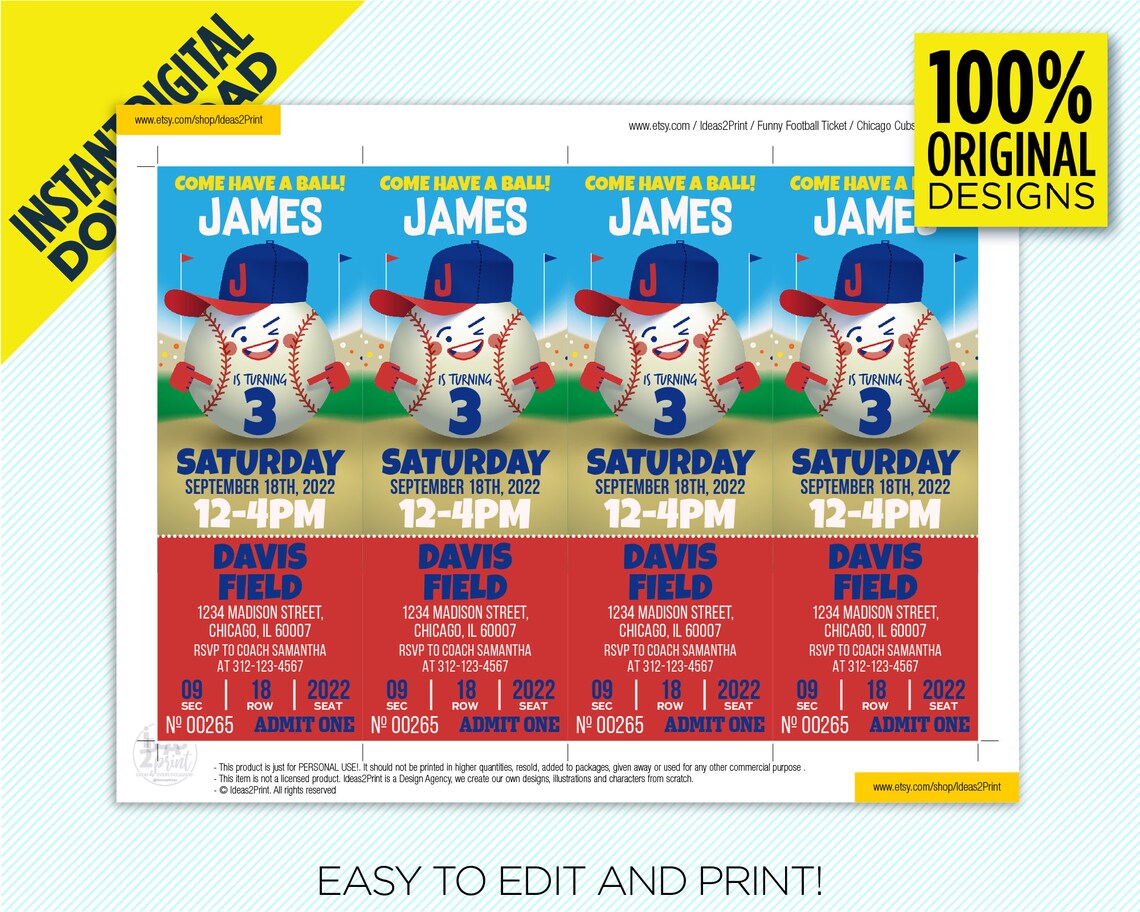Chicago Cubs Ticket Birthday Party Printable Invitation, Cubs Baseball ...