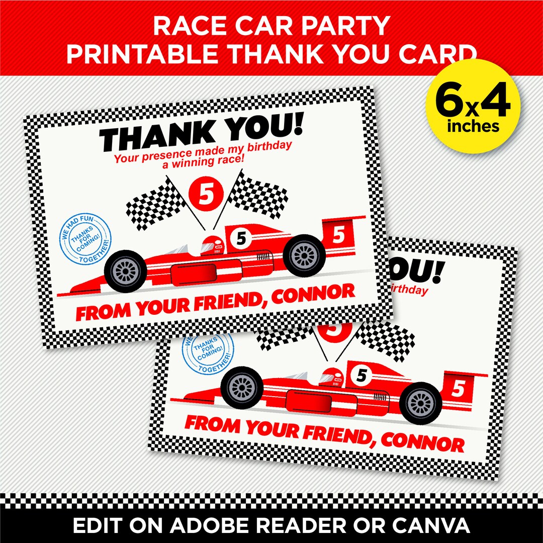 Race Car Birthday Party Printable Thank You Card Template | F1 Party ...