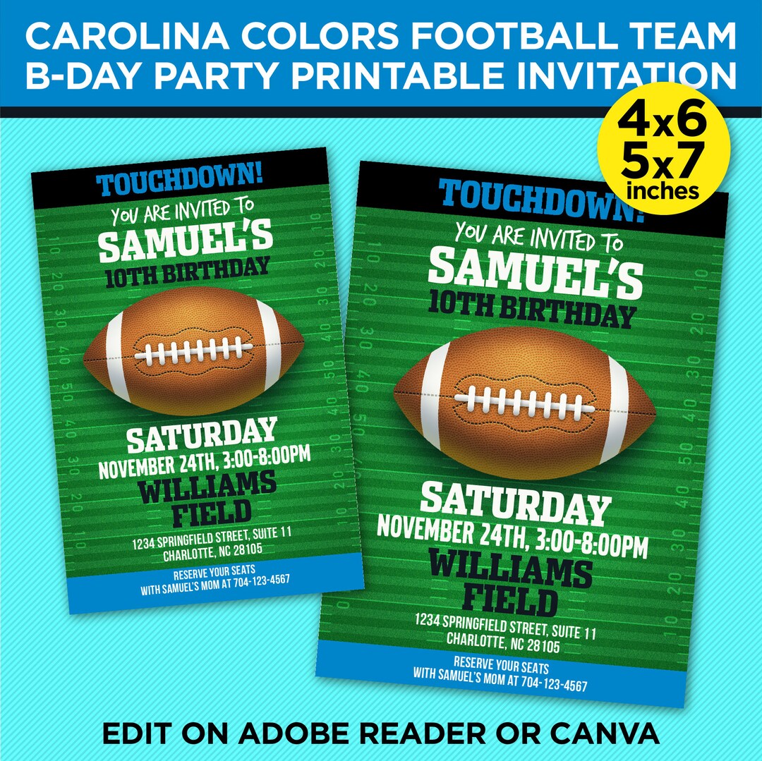 Carolina Colors Football Team Birthday Party Printable Invitation ...