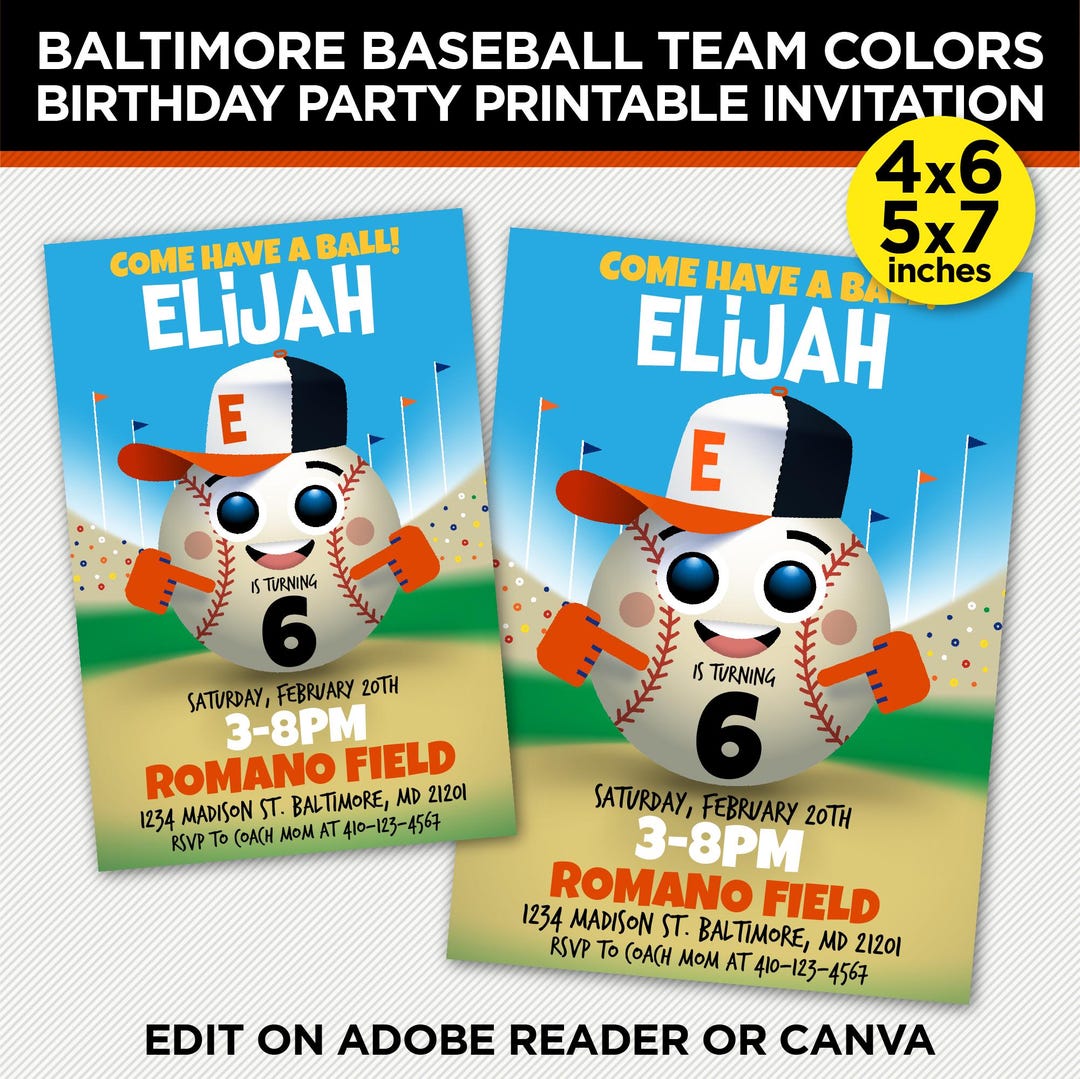 Baltimore Baseball Team Colors Birthday Party Printable Invitation ...