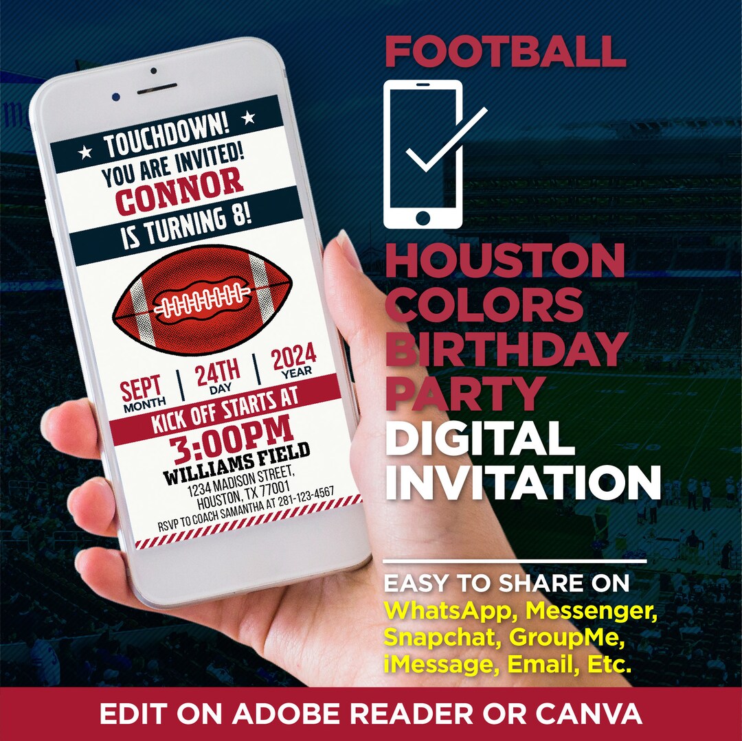 Houston Colors Football Team Birthday Party Digital Invitation ...