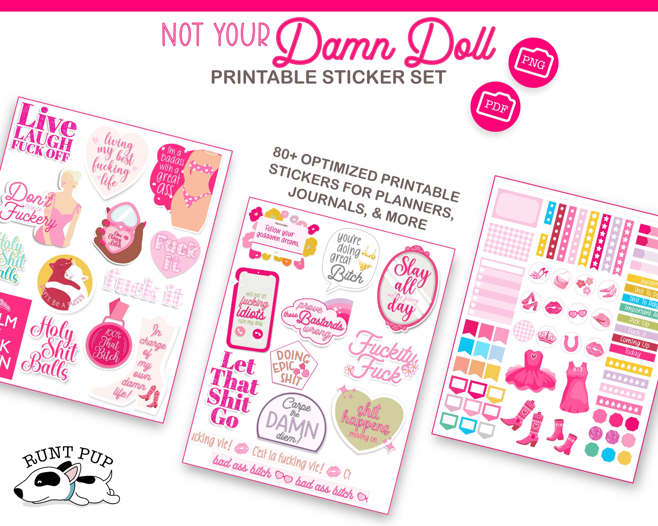 PINK Not Your damn Doll Printable Stickers PNG and PDF Pink Stickers ...