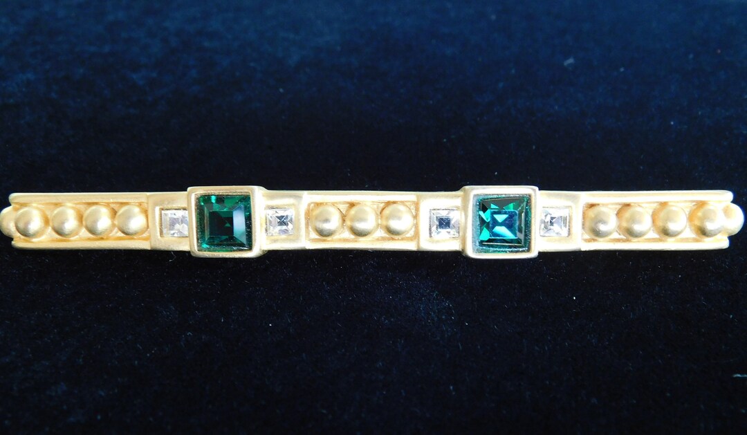 Signed Givenchy Art Deco Style Emerald and Crystal Rhinestone Huge Bar ...