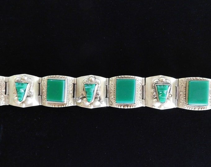 Signed hecho En Taxco Alpaca Panel Bracelet With Green Onyx Squares and ...