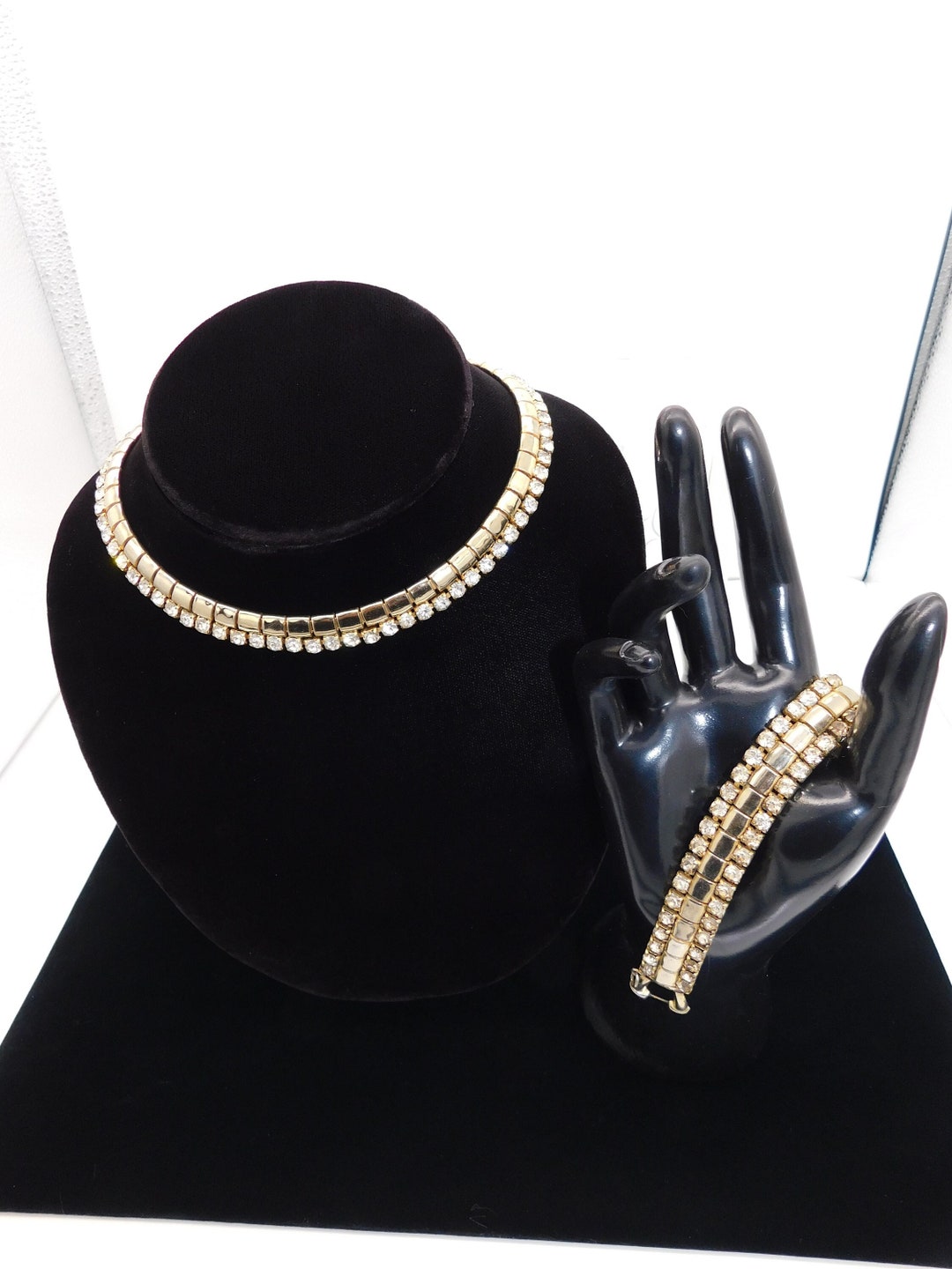 Signed Kafin of New York Gold Link and Rhinestone Choker and Bracelet ...