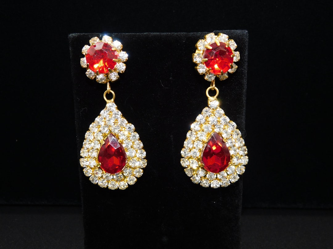 1990's Clear and Ruby Red Rhinestone Dangle Earrings for Pierced Ears ...