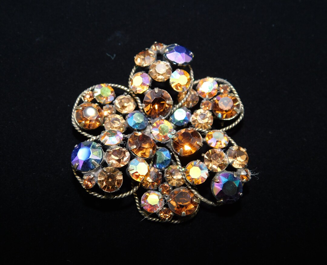 1960's Signed Regency Layered Topaz and Purple AB Pansy Flower Brooch ...