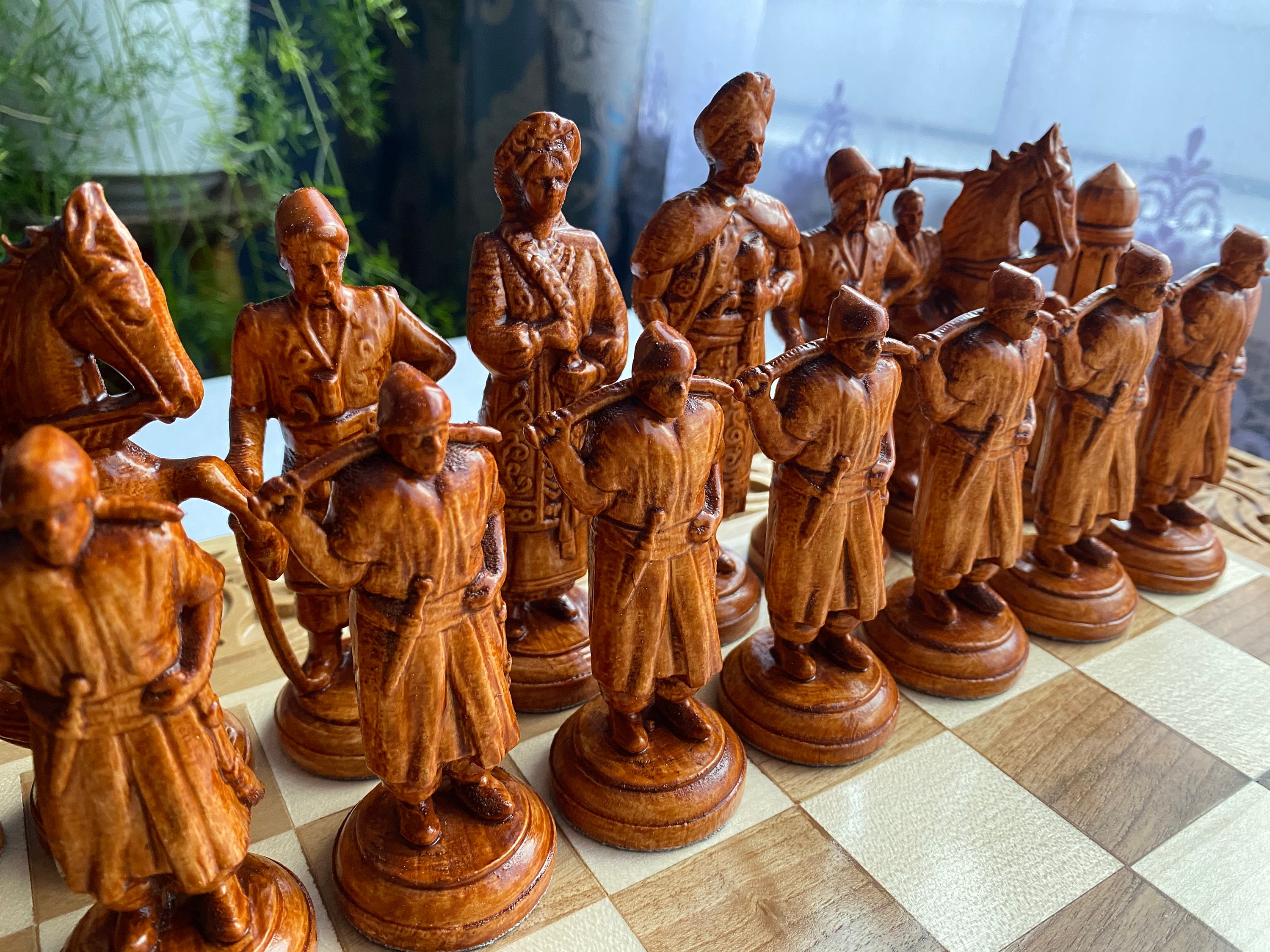 Wooden Chess Pieces in Folk Ukrainian Style, Ukrainian Cossacks, Wood ...