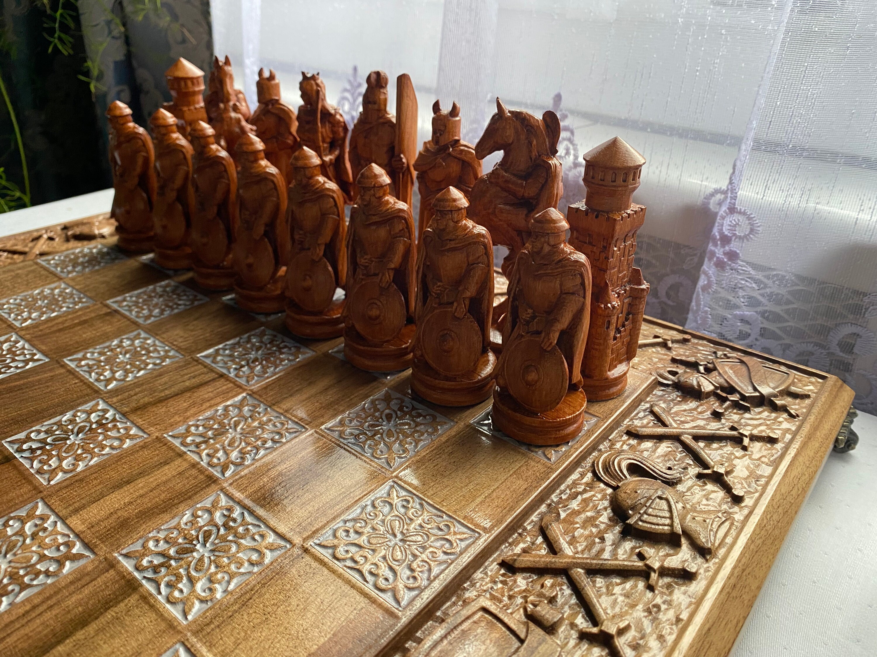 Medieval Chess Board, Wooden Chess Pieces Set, Unique Chess, Gift for ...