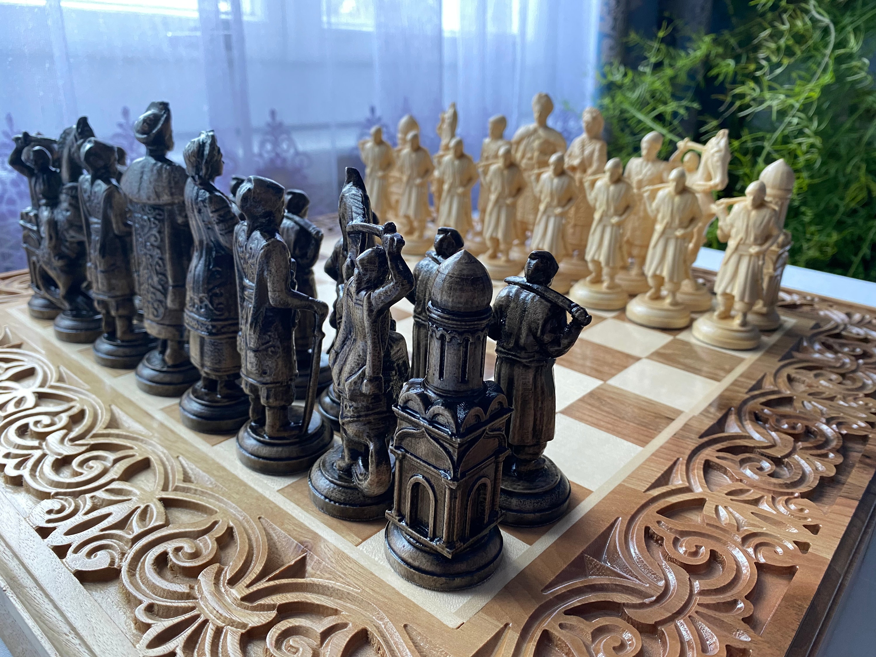 Wooden Chess Pieces in Folk Ukrainian Style, Ukrainian Cossacks, Wood ...