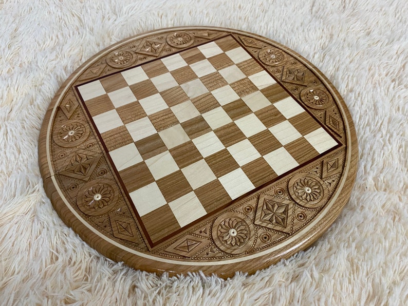 Hand Carved Wooden Round Chess Set, Round Chessboard, Travel Mini Chess ...