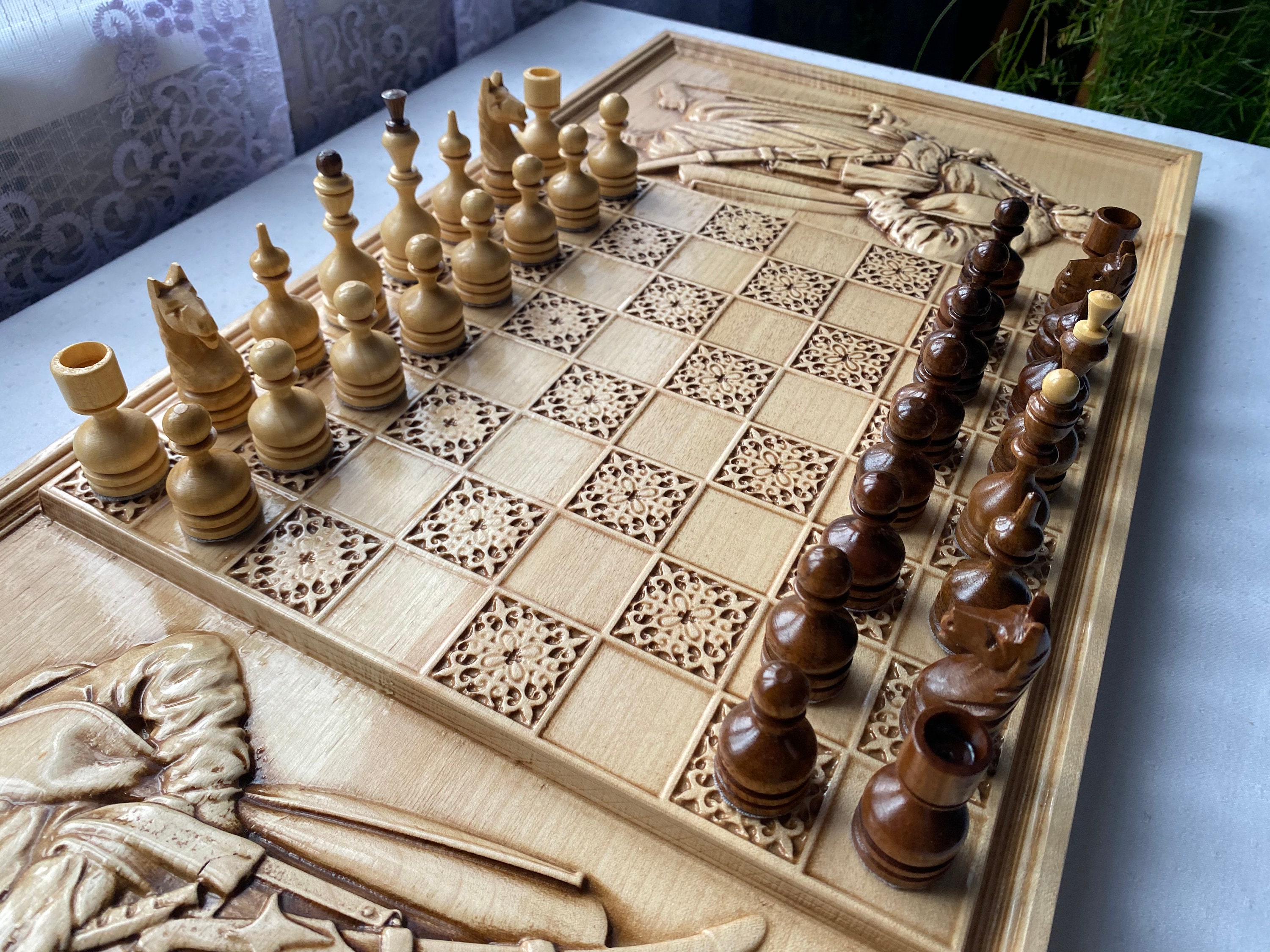 Wooden Chess Set in Folk Ukrainian Style, Ukrainian Cossacks, Wood ...