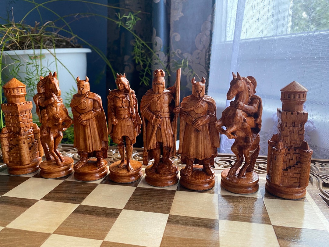 Medieval Chess Pieces, Wooden Chess Pieces Set, Unique Chess Set, Gift ...