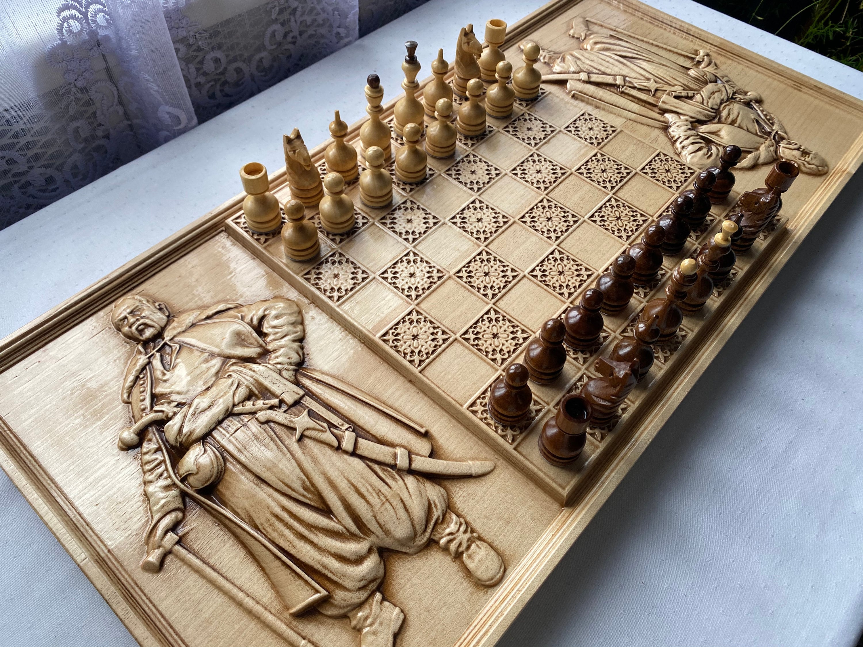Wooden Chess Set in Folk Ukrainian Style, Ukrainian Cossacks, Wood ...