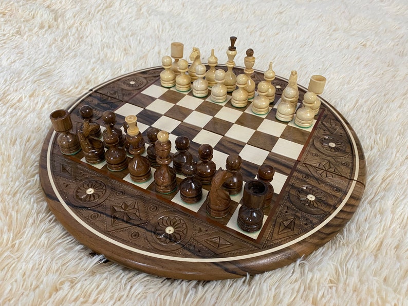 Hand Carved Wooden Round Chess Set, Round Chessboard, Travel Mini Chess ...