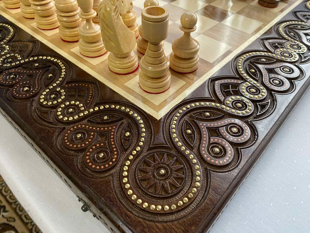Hand Carved Wooden Chess Set: Large Folding Board, Backgammon - Etsy