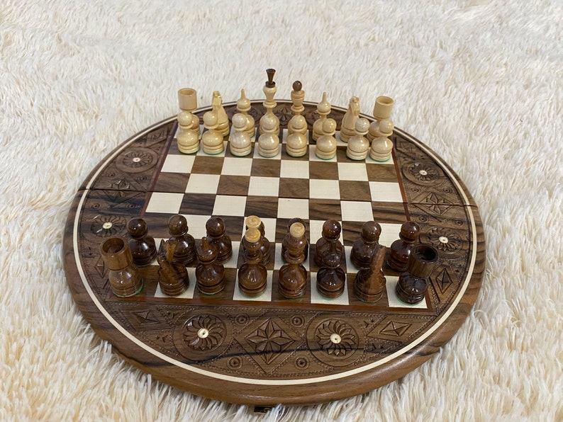 Hand Carved Wooden Round Chess Set, Round Chessboard, Travel Mini Chess ...