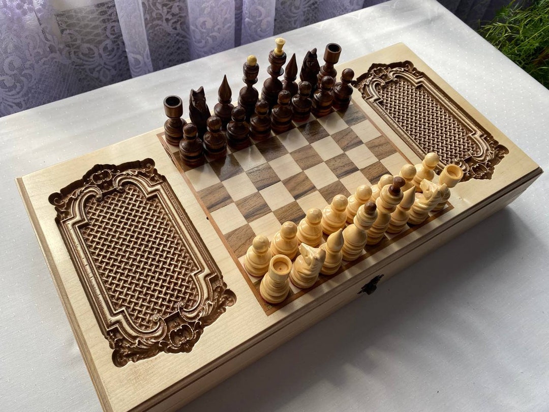 Wooden Chess and Backgammon Set: 2-in-1 Carved Travel Board - Etsy