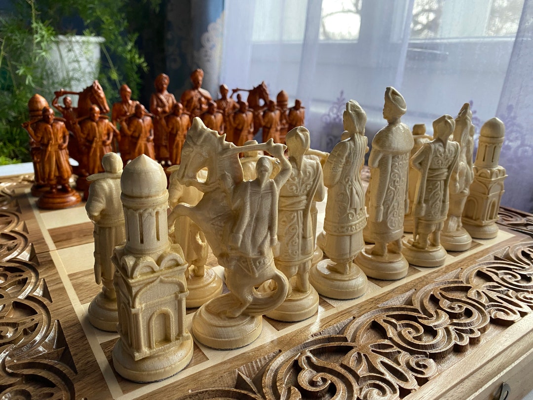 Wooden Chess Pieces in Folk Ukrainian Style, Ukrainian Cossacks, Wood ...
