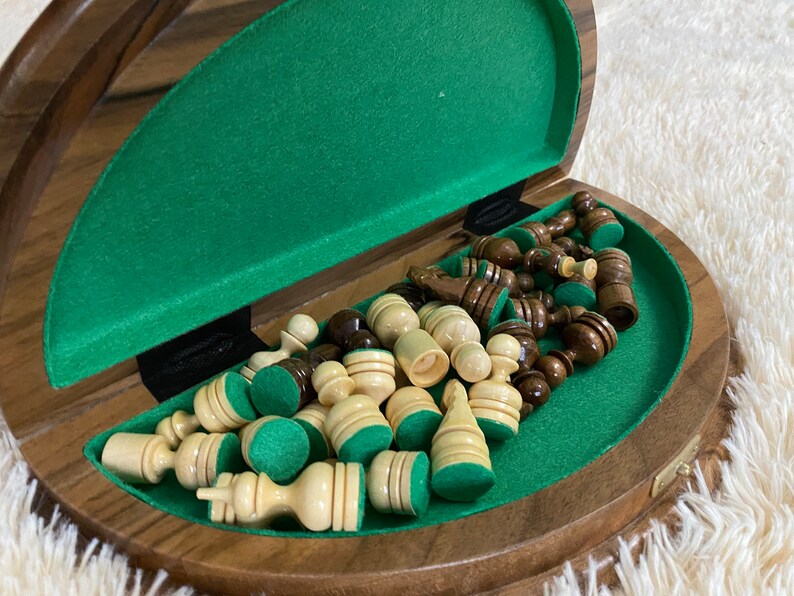 Hand Carved Wooden Round Chess Set, Round Chessboard, Travel Mini Chess ...