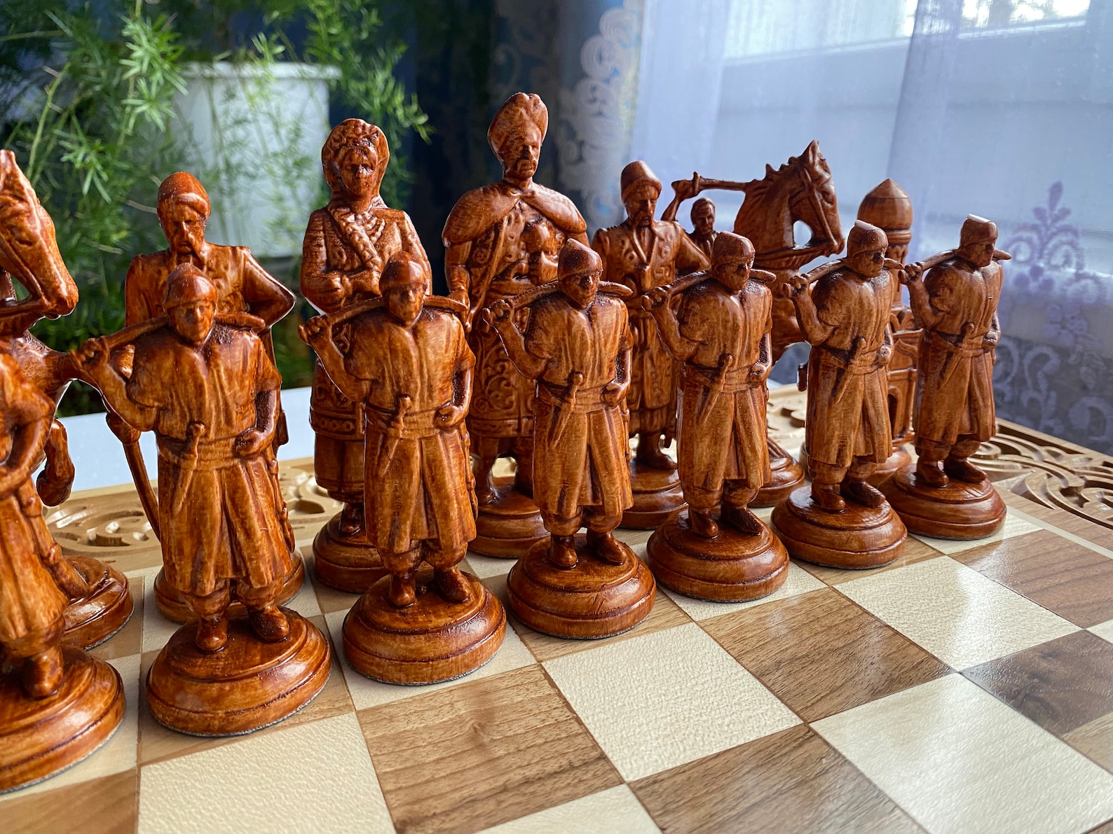 Wooden Chess Pieces in Folk Ukrainian Style, Ukrainian Cossacks, Wood ...