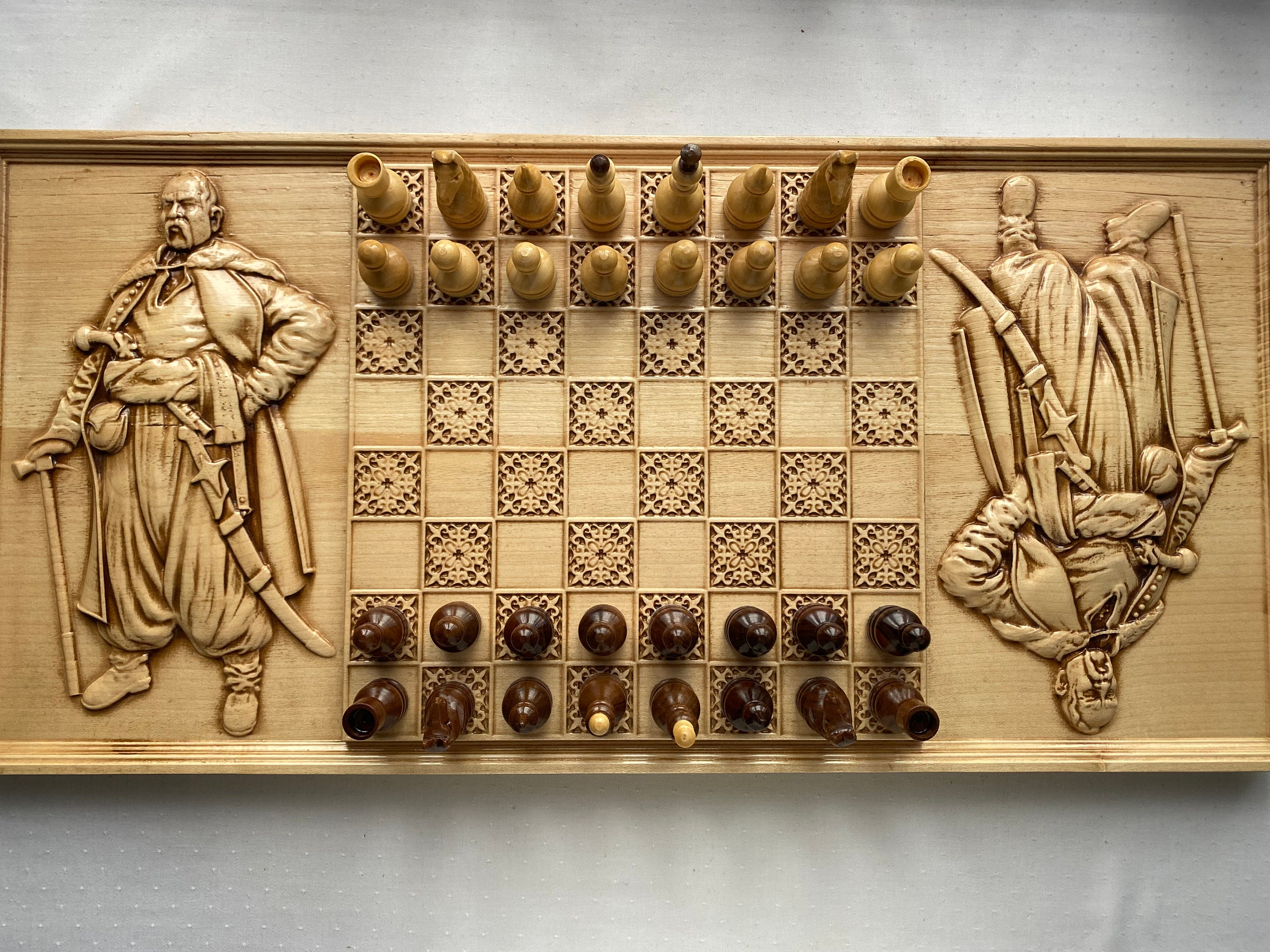 Wooden Chess Set in Folk Ukrainian Style, Ukrainian Cossacks, Wood ...
