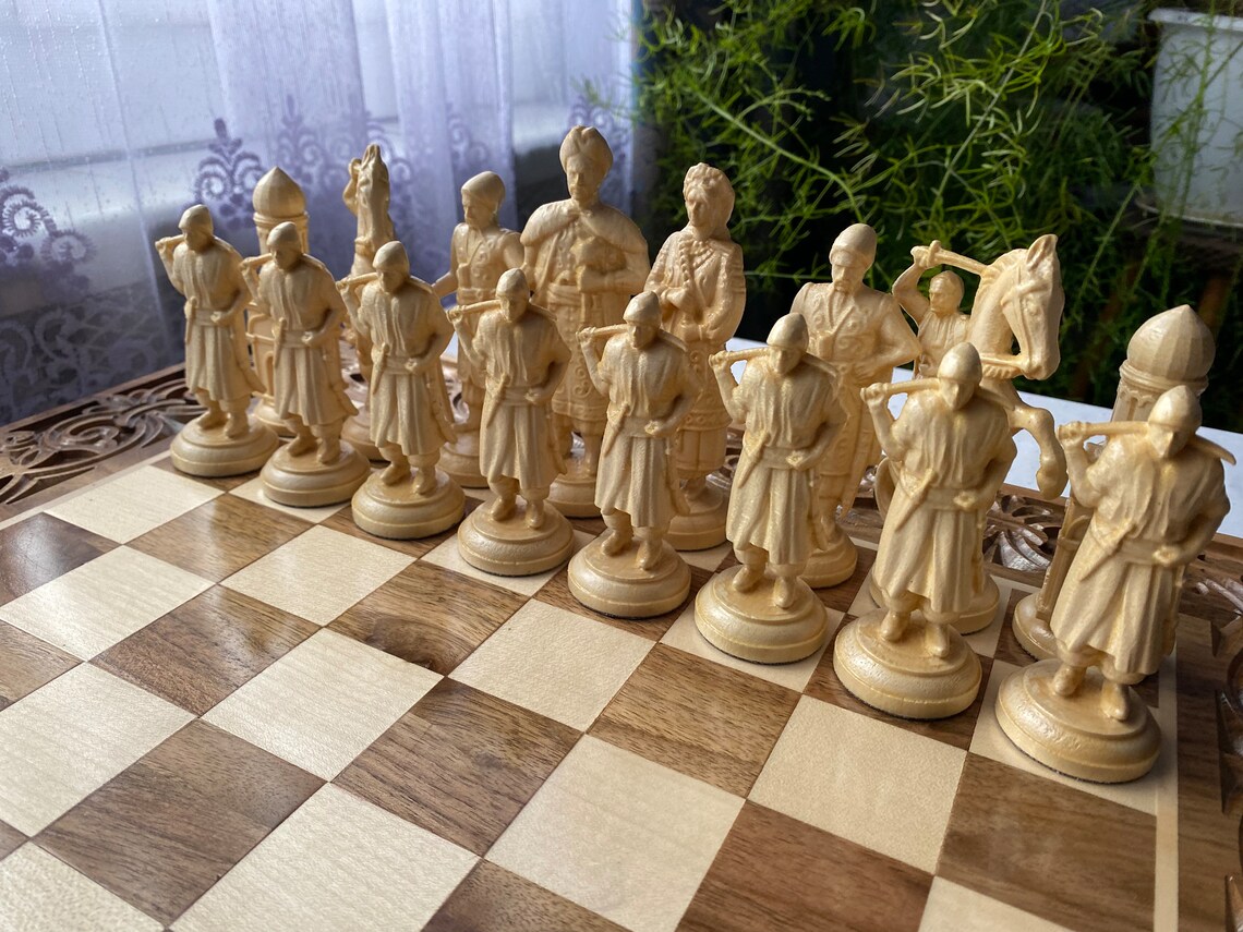 Wooden Chess Pieces in Folk Ukrainian Style, Ukrainian Cossacks, Wood ...