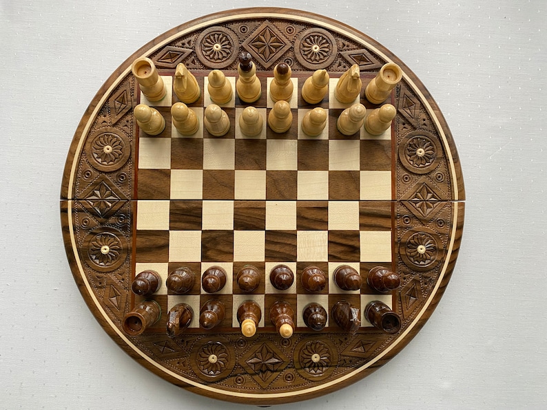 Hand Carved Wooden Round Chess Set, Round Chessboard, Travel Mini Chess ...