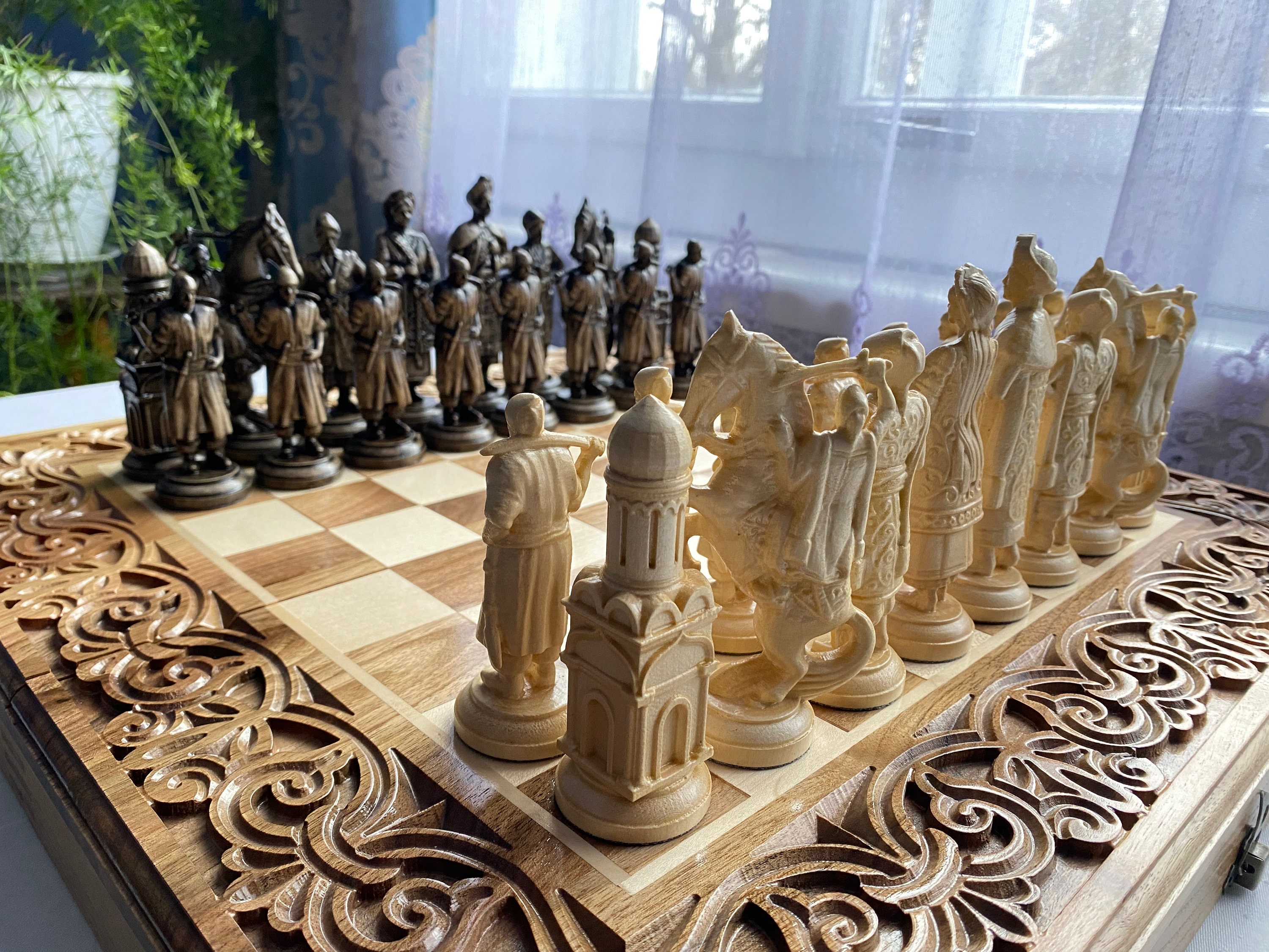 Wooden Chess Pieces in Folk Ukrainian Style, Ukrainian Cossacks, Wood ...