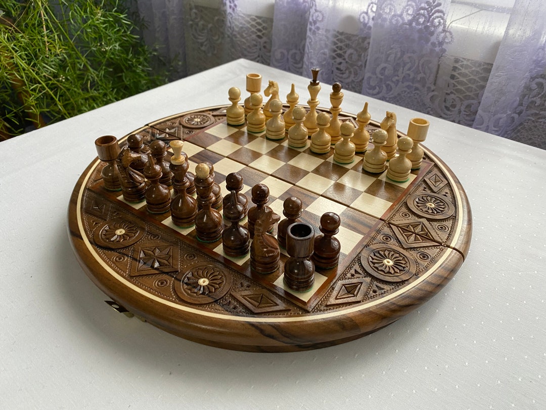 Hand Carved Wooden Round Chess Set, Round Chessboard, Travel Mini Chess ...