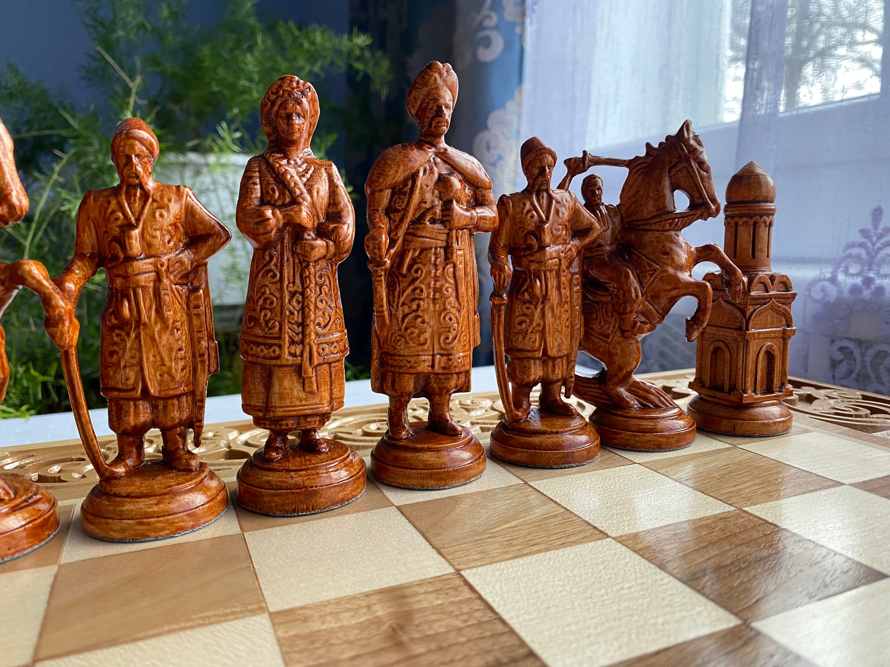 Wooden Chess Pieces in Folk Ukrainian Style, Ukrainian Cossacks, Wood ...