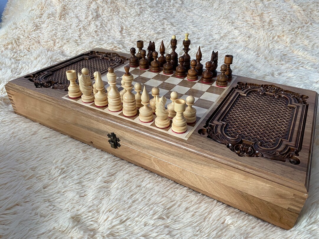 Large Wooden Chess and Backgammon Set: Folding Travel Board - Etsy