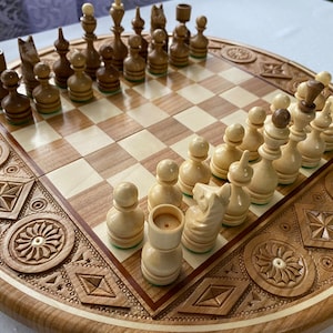 Hand Carved Wooden Round Chess Set, Round Chessboard, Travel Mini Chess ...