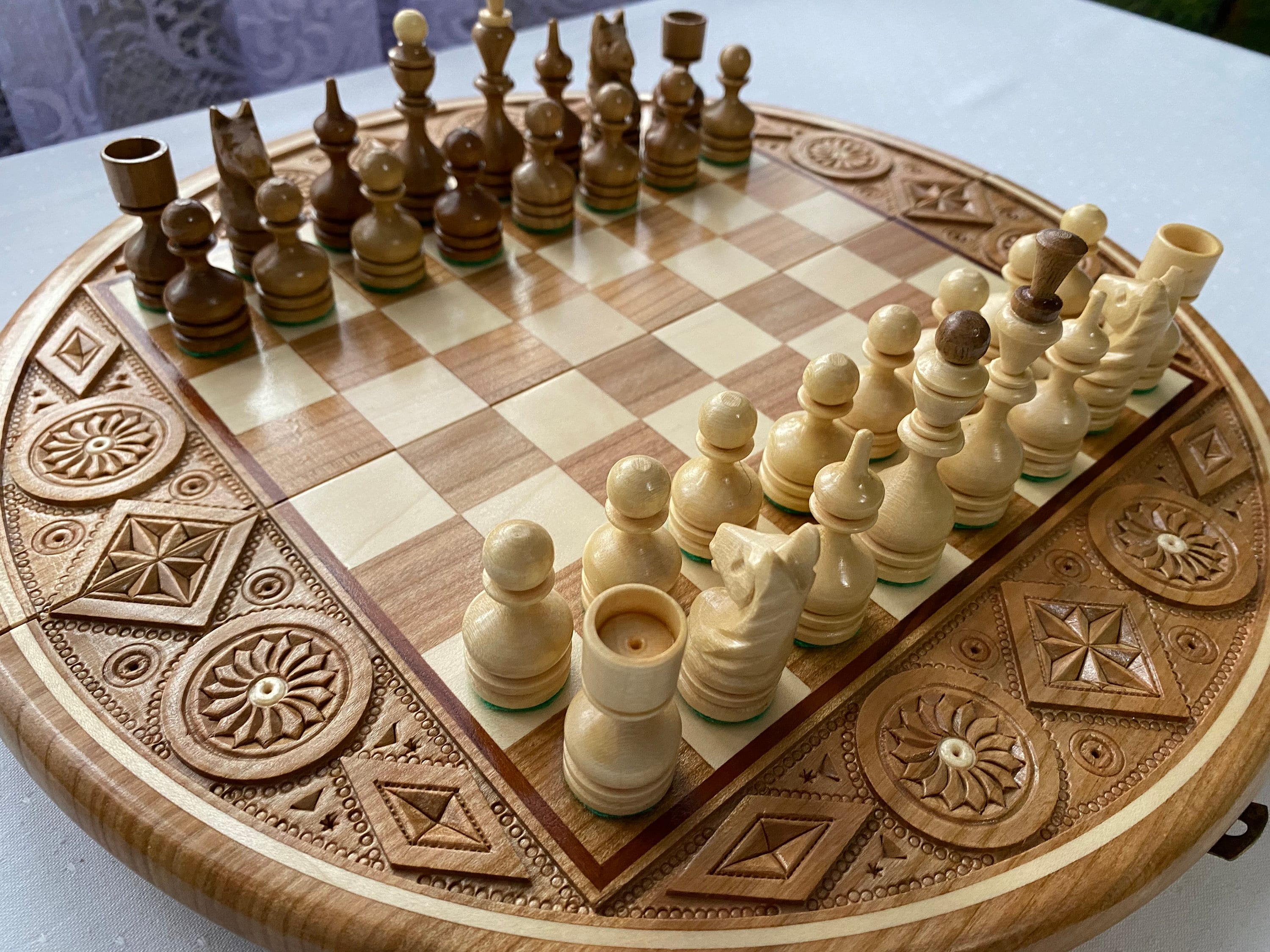 Hand Carved Wooden Round Chess Set, Round Chessboard, Travel Mini Chess ...