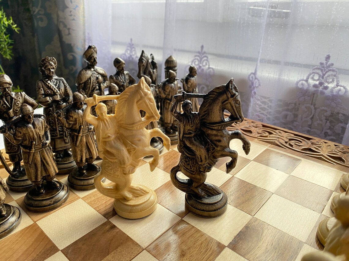 Wooden Chess Pieces in Folk Ukrainian Style, Ukrainian Cossacks, Wood ...