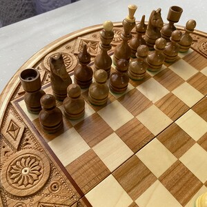 Hand Carved Wooden Round Chess Set Round Chessboard Travel - Etsy