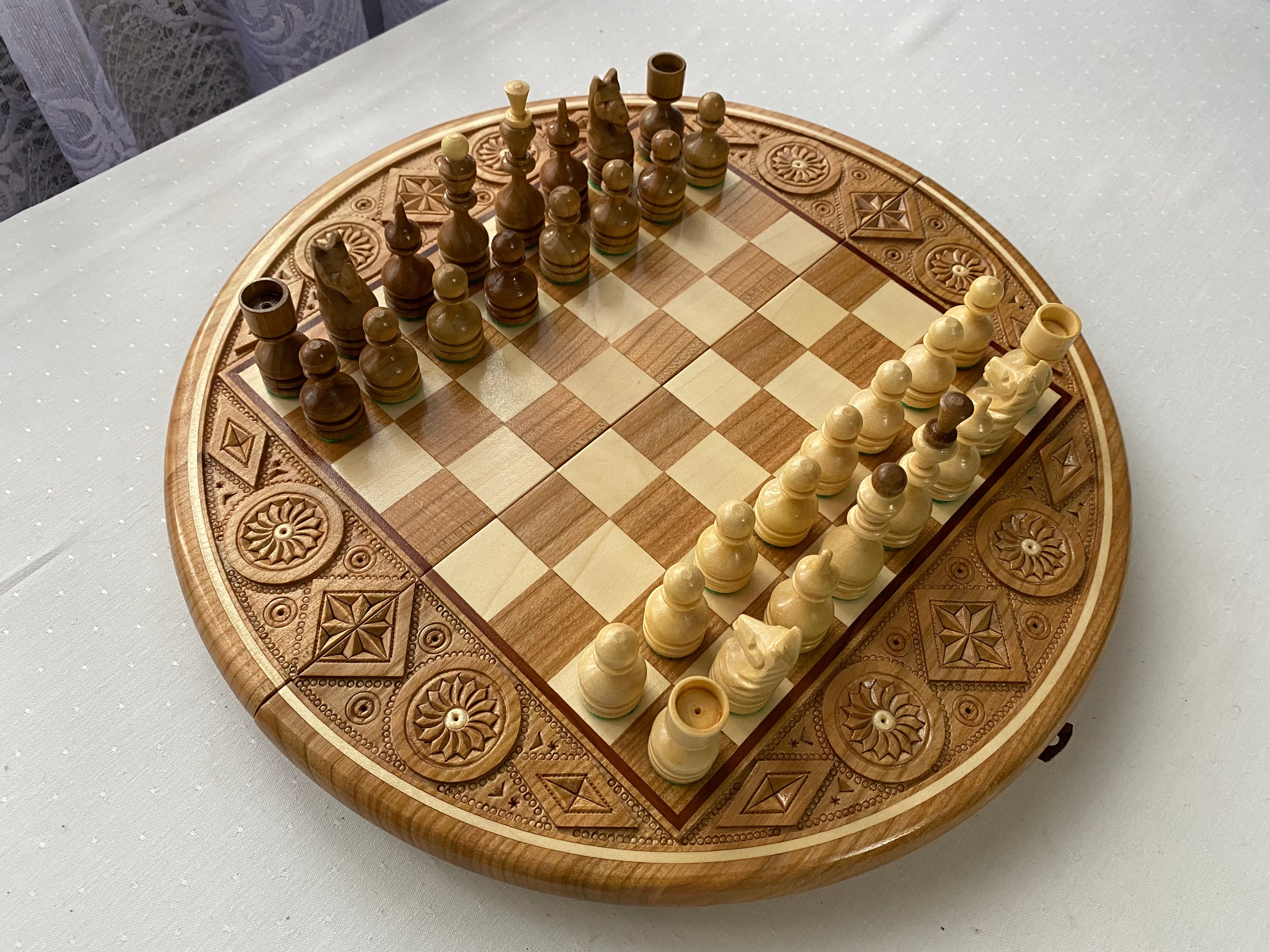Hand Carved Wooden Round Chess Set, Round Chessboard, Travel Mini Chess ...