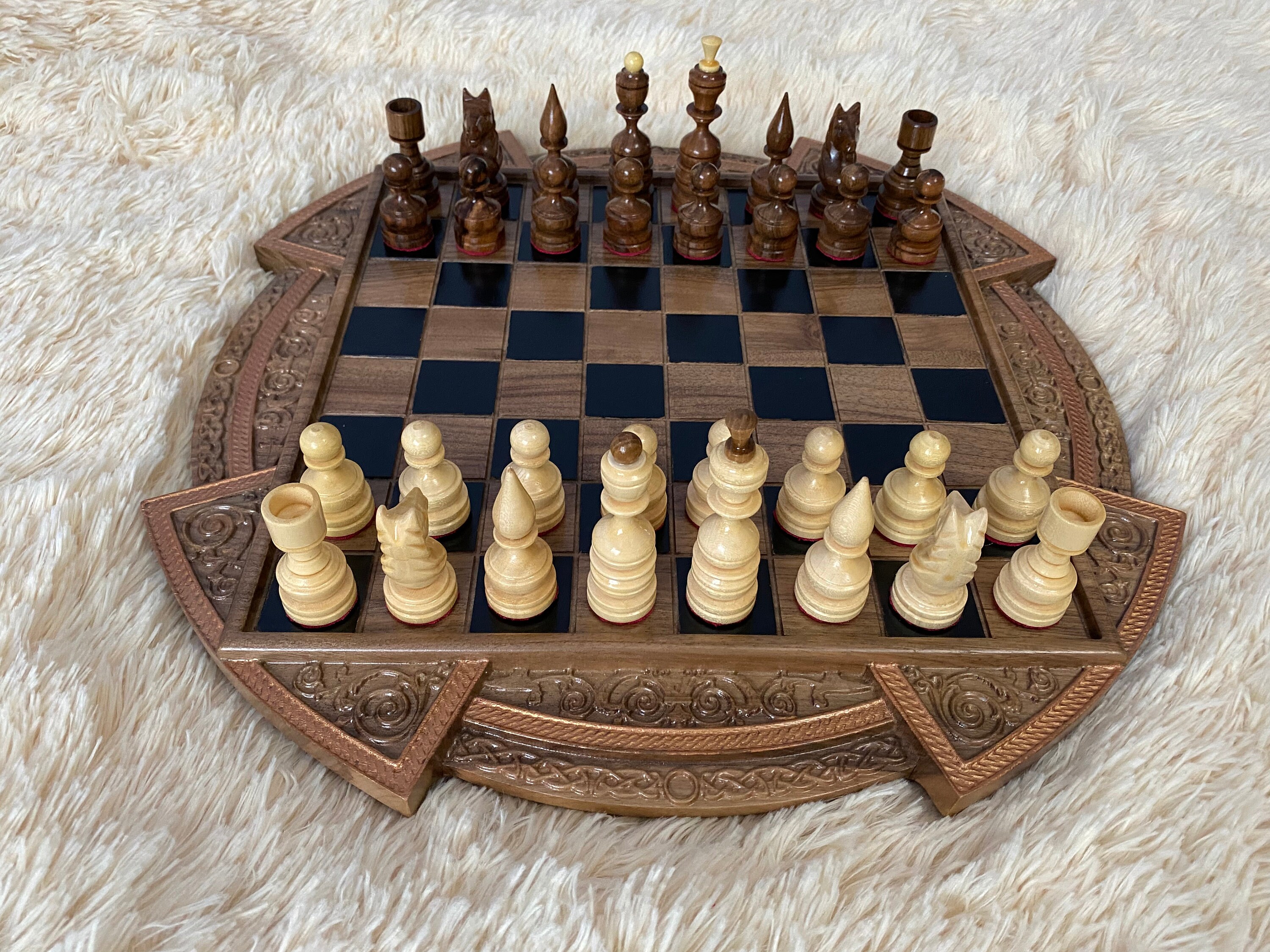 Walnut Chess Set, Round Chessboard, Travel Mini Chess Board, Checker ...