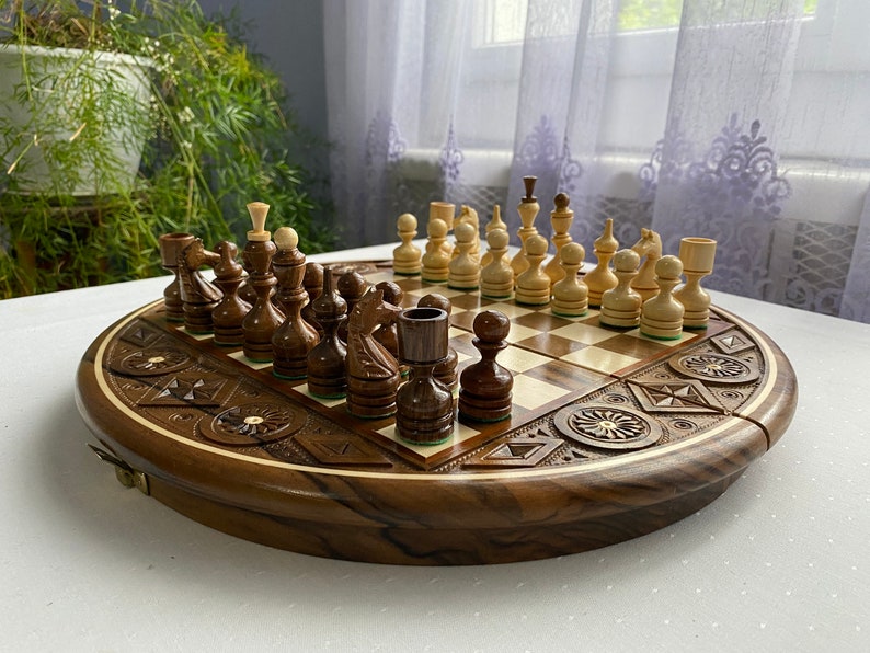 Hand Carved Wooden Round Chess Set, Round Chessboard, Travel Mini Chess ...