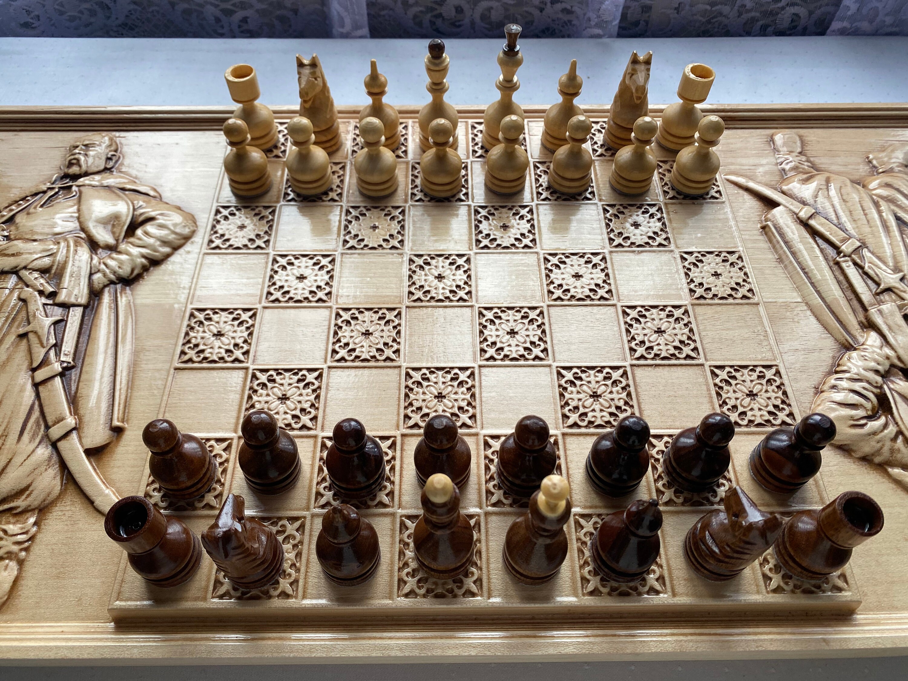 Wooden Chess Set in Folk Ukrainian Style, Ukrainian Cossacks, Wood ...