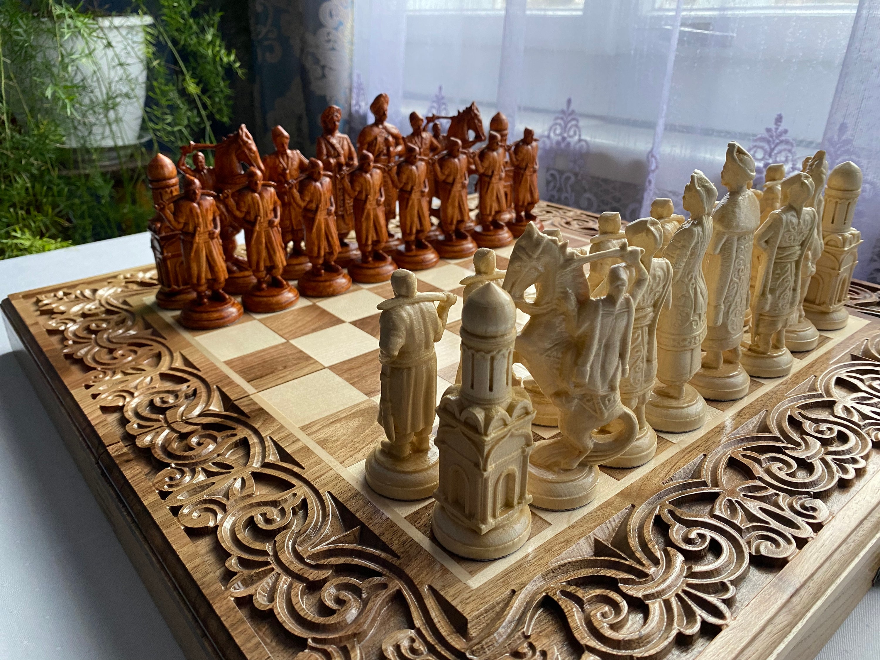 Wooden Chess Pieces in Folk Ukrainian Style, Ukrainian Cossacks, Wood ...