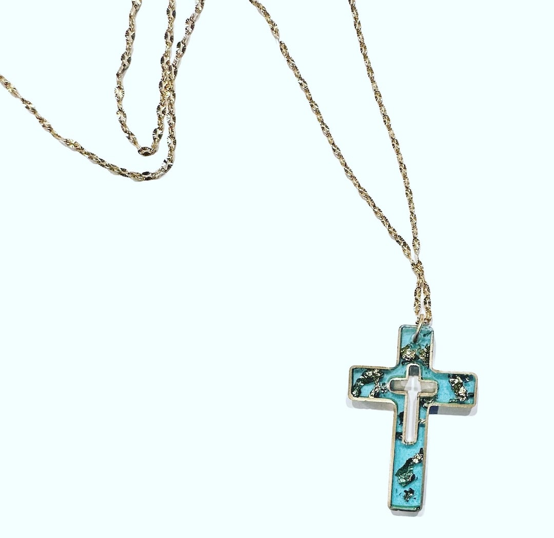 Necklace Cross Resin Jelly Aqua Gold Leaf Hollow Pendant - Etsy