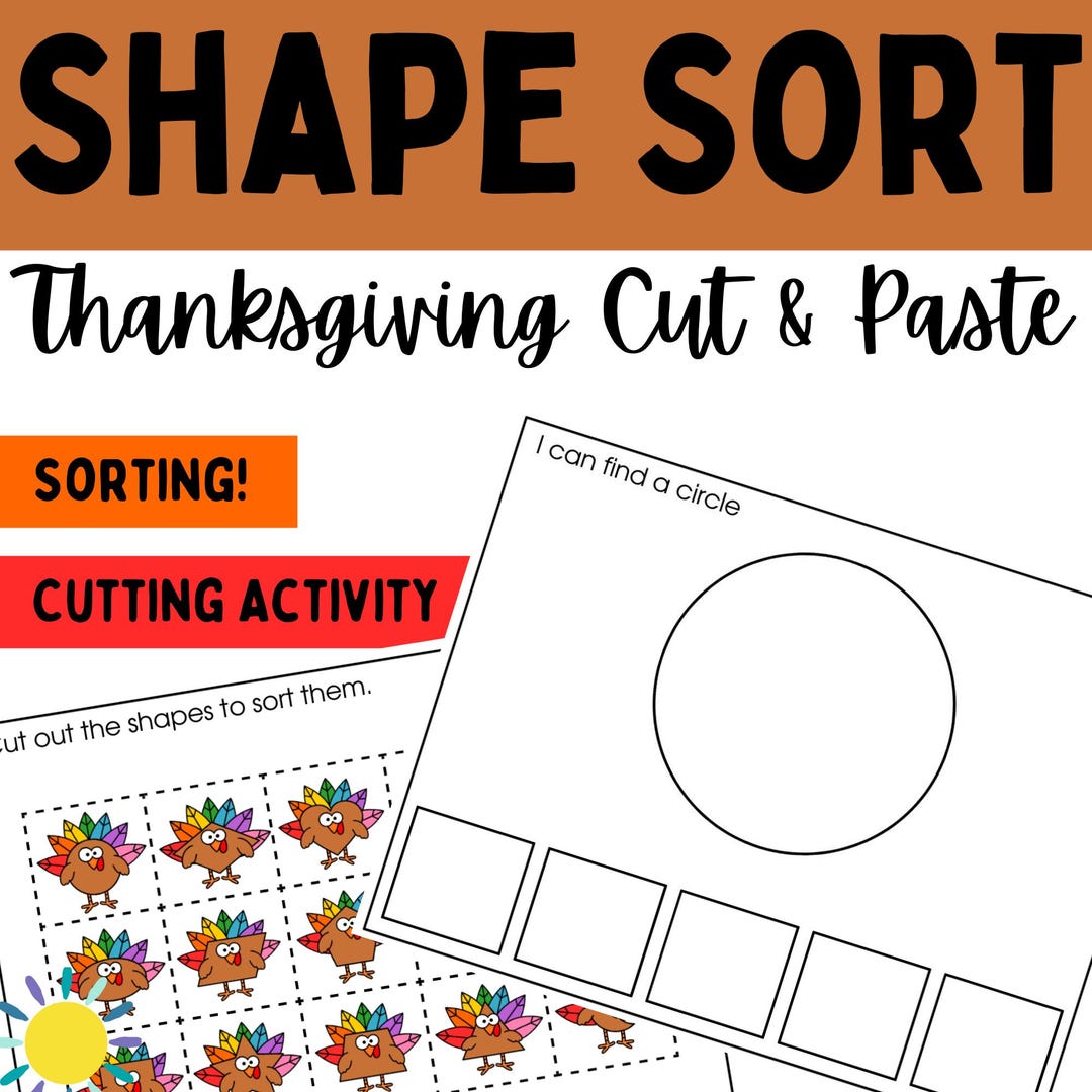Thanksgiving Shape Sort Cut and Paste (color and Black & White) Digital ...