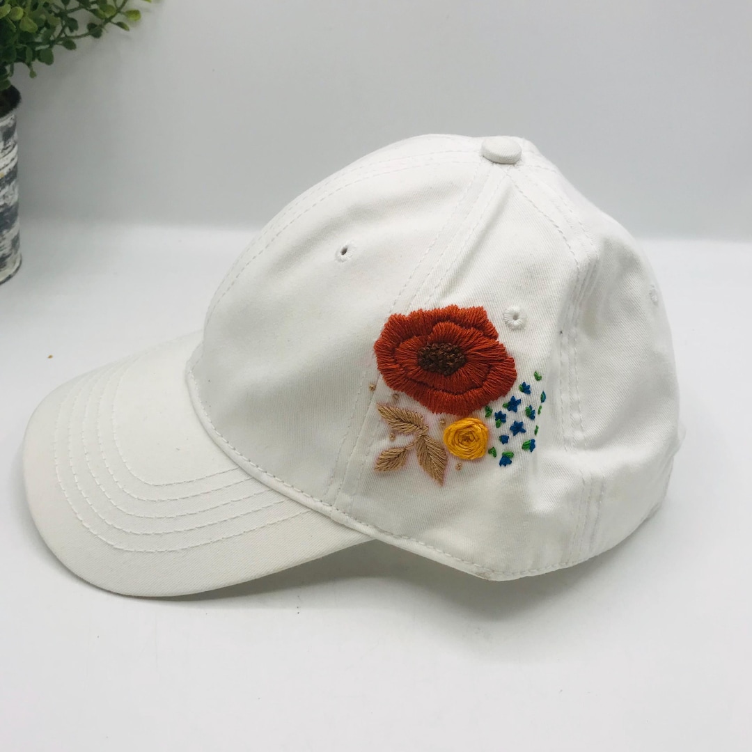Hand Embroidered Women's Cap, Bill Cap, Adjustable Strap Buckle, White ...