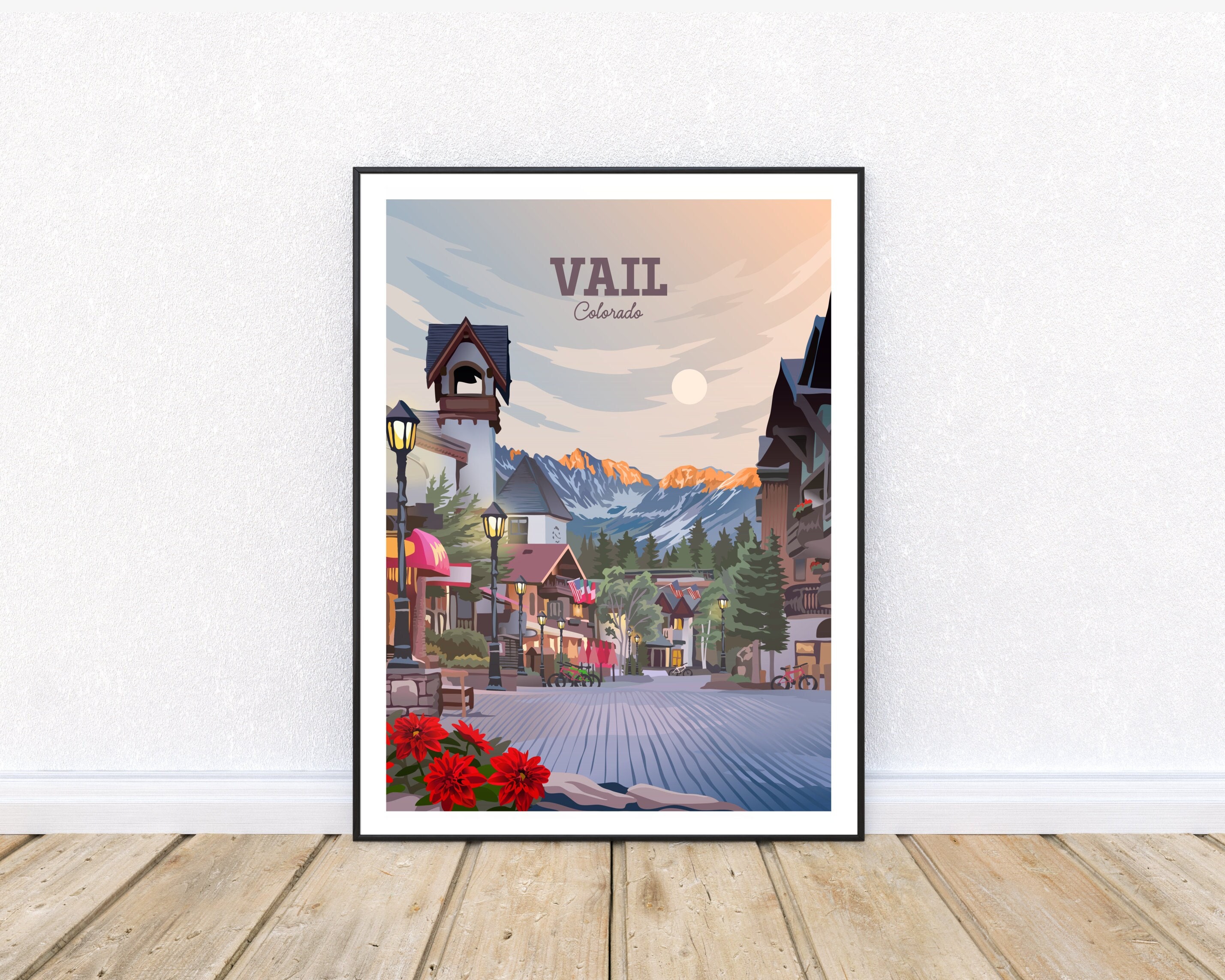Vail CO Travel Print | Downtown Bell Tower With Bikes and Flowers ...