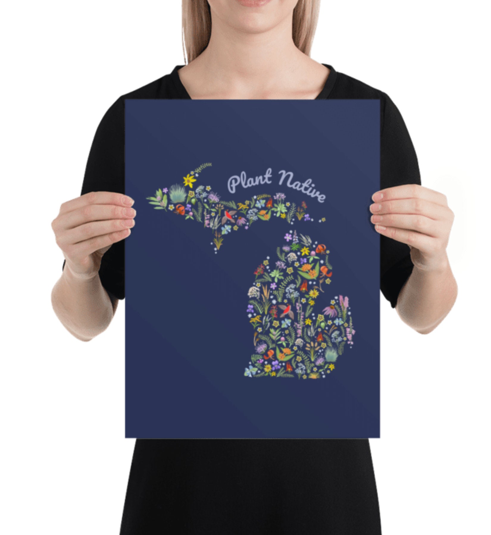 Michigan Native Plants Poster Print | Michigan Silhouette With Native ...