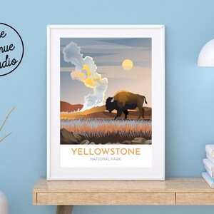 Yellowstone Poster With Bison and Geyser | Yellowstone National Park ...