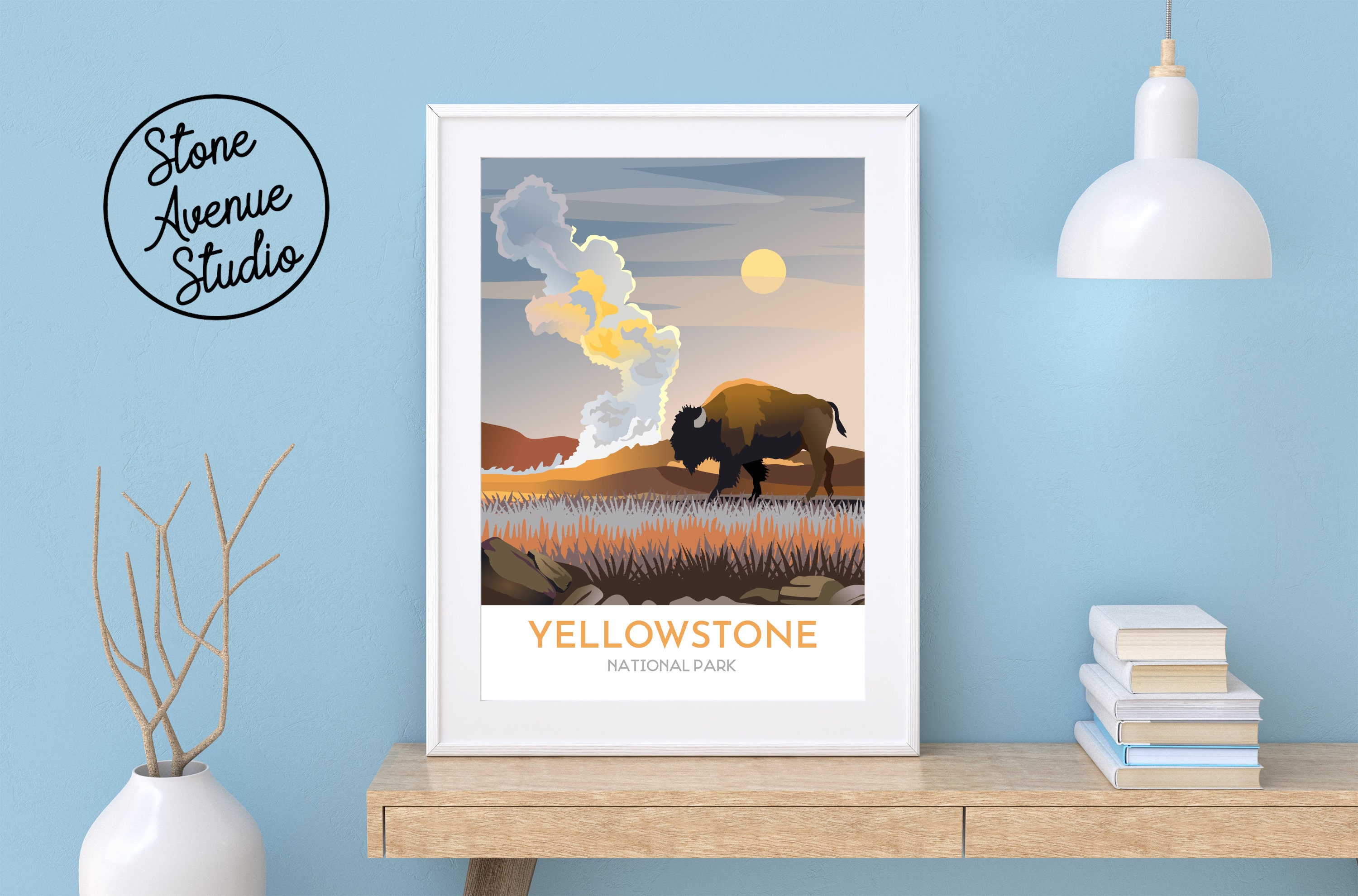 Yellowstone Poster With Bison and Geyser | Yellowstone National Park ...