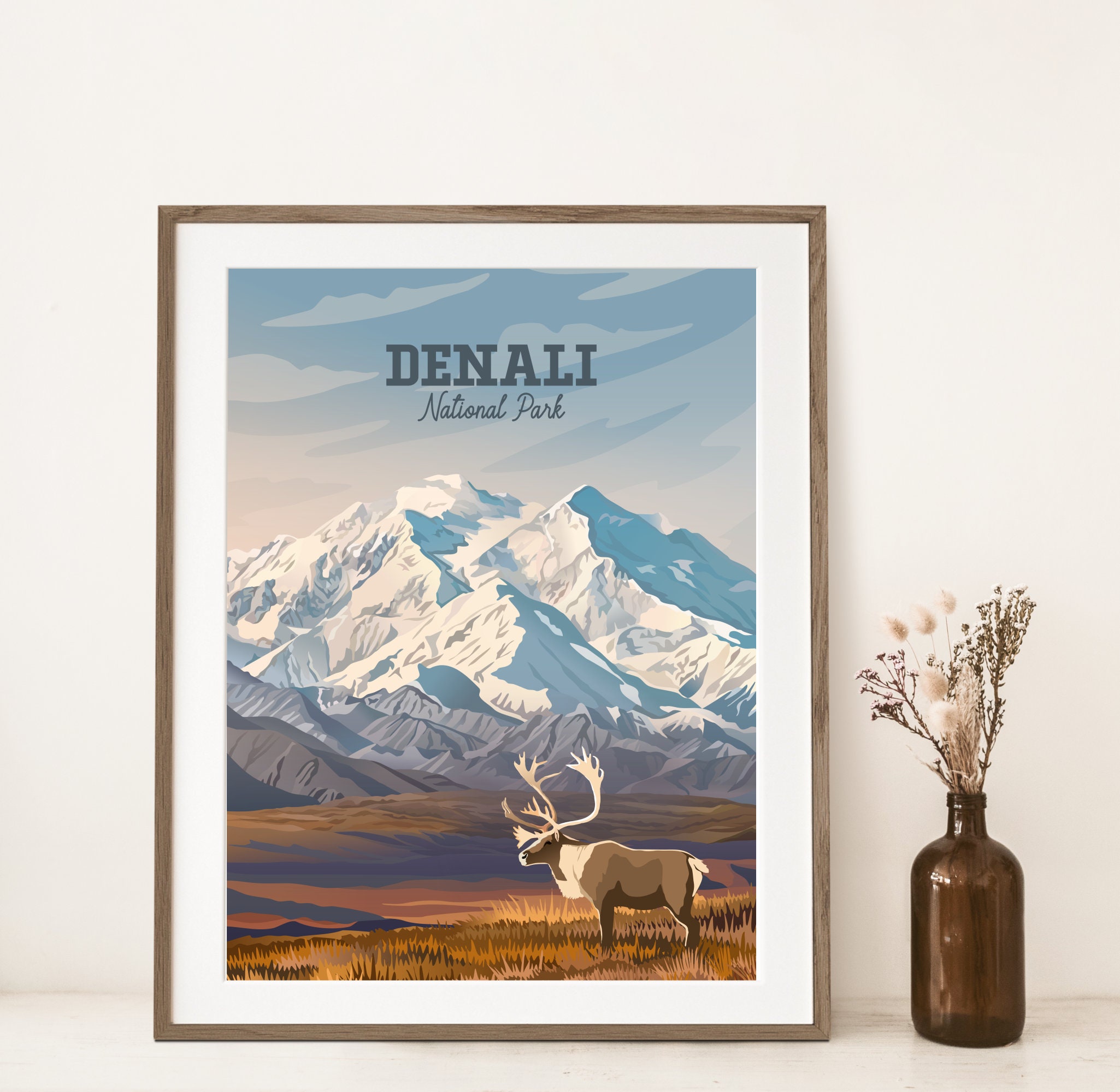 Denali National Park Poster | Reindeer and Mountain | Denali Art Print ...