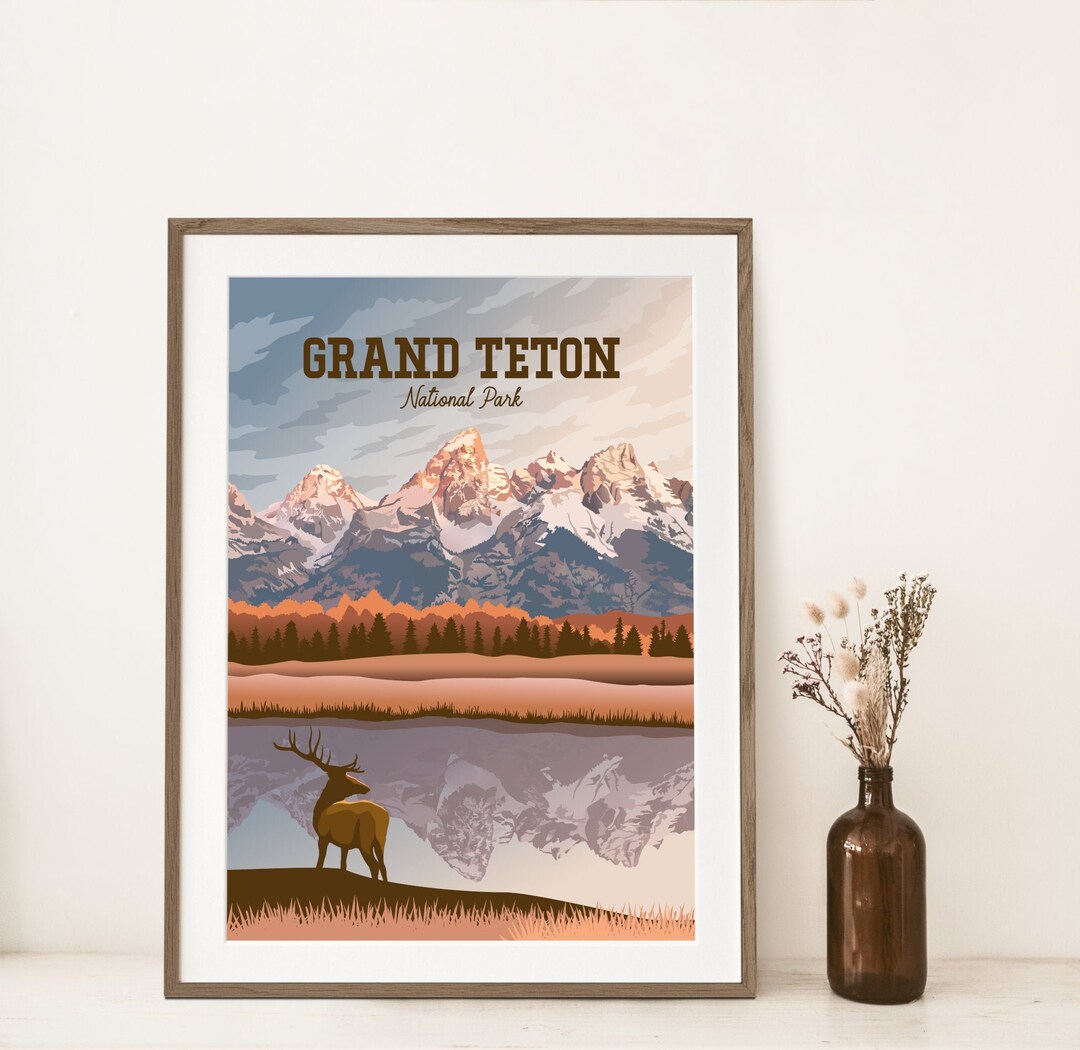 Grand Teton Art Print | National Park Classic Style Poster | Wyoming ...